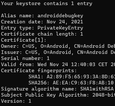 Obtener Huella digital del certificado SHA-1 para debug.keystore en Android (clave de firma por ...